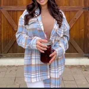 Jackets & Coats | Brand New Pastel Blue Flannel Shacket Overcoat Plaid ...